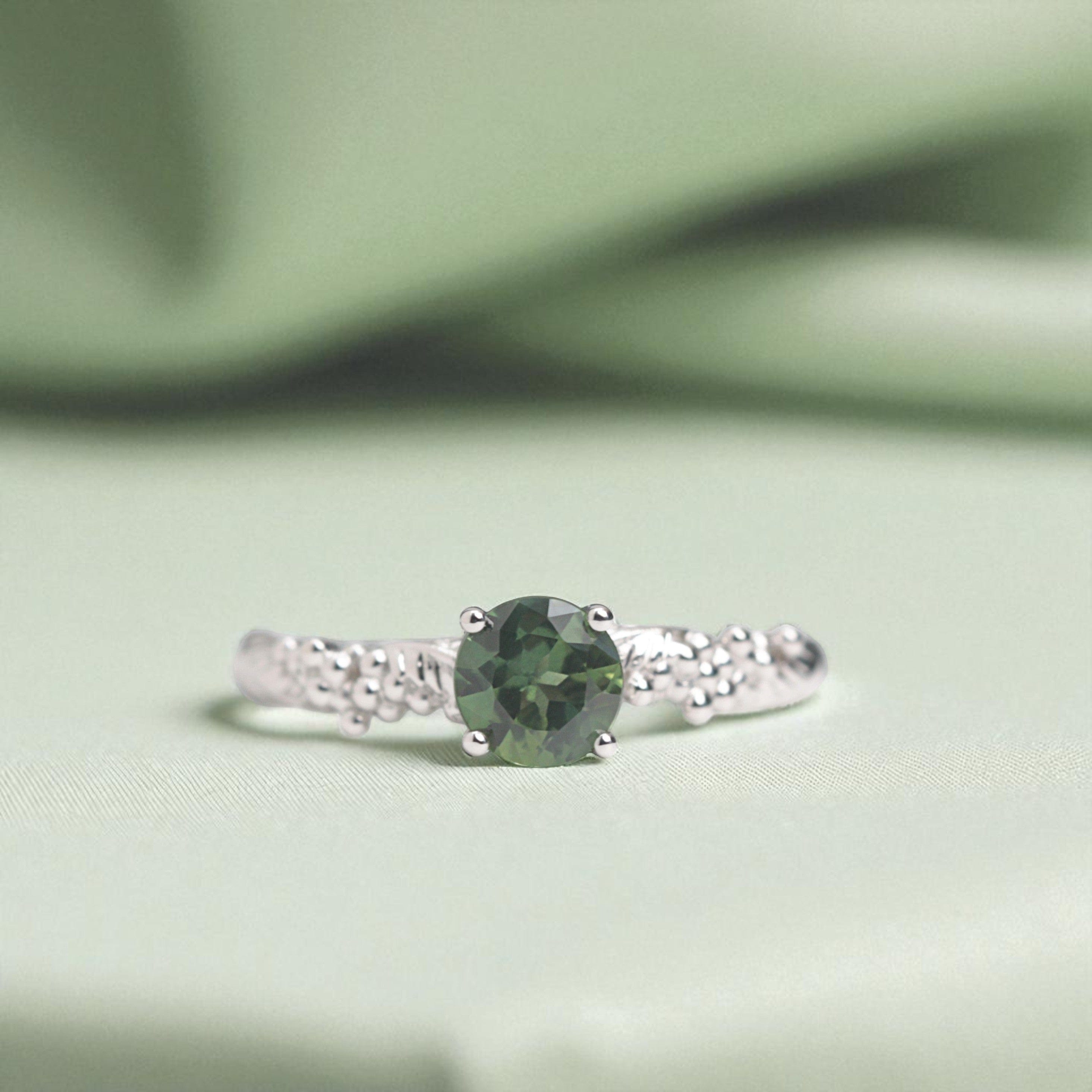 Green Sapphire Wattle Leaf Engagement Ring